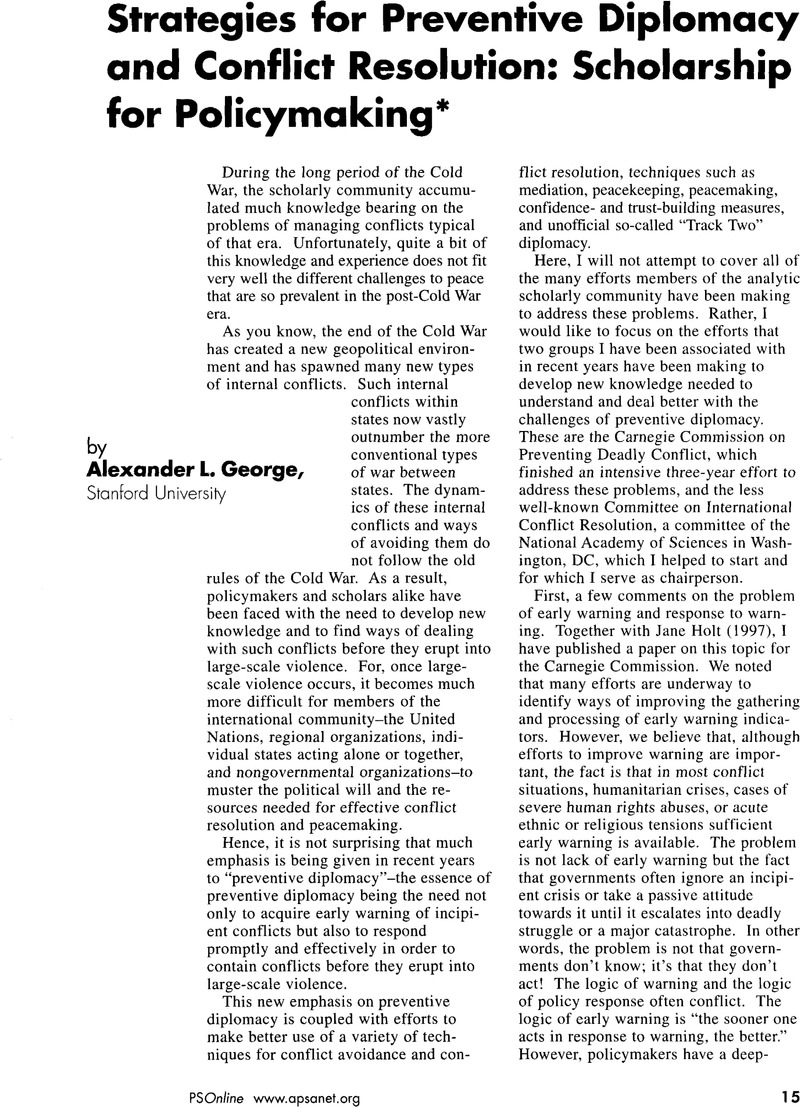 Strategies for Preventive Diplomacy and Conflict Resolution ...