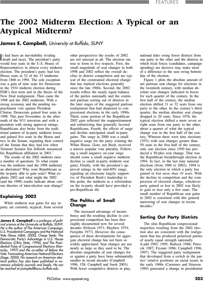 The 2002 Midterm Election: A Typical or an Atypical Midterm? | PS ...