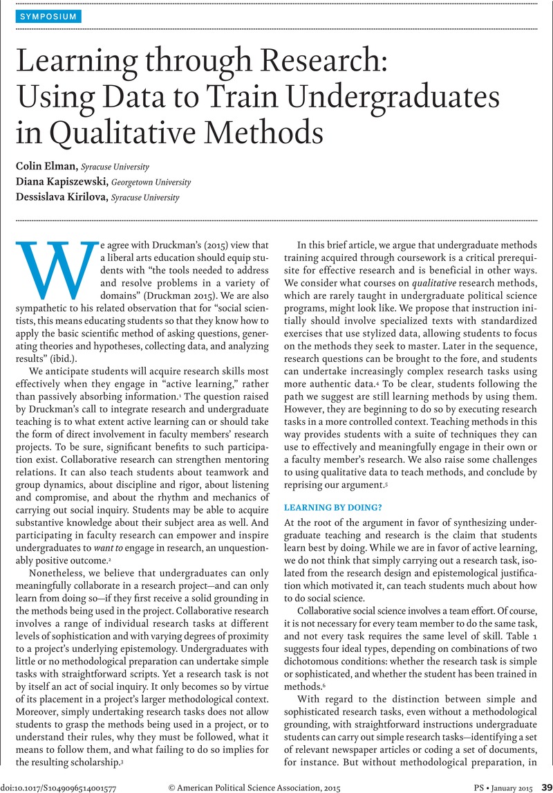 Learning through Research: Using Data to Train Undergraduates in ...