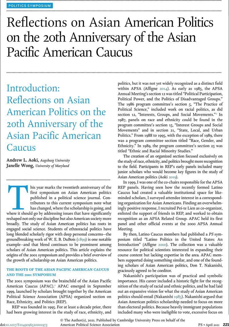 Introduction: Reflections on Asian American Politics on the 20th ...