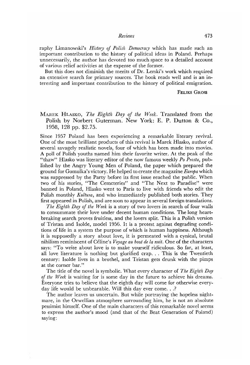Marek Hlasko, The Eighth Day of the Week. Translated from the Polish by ...