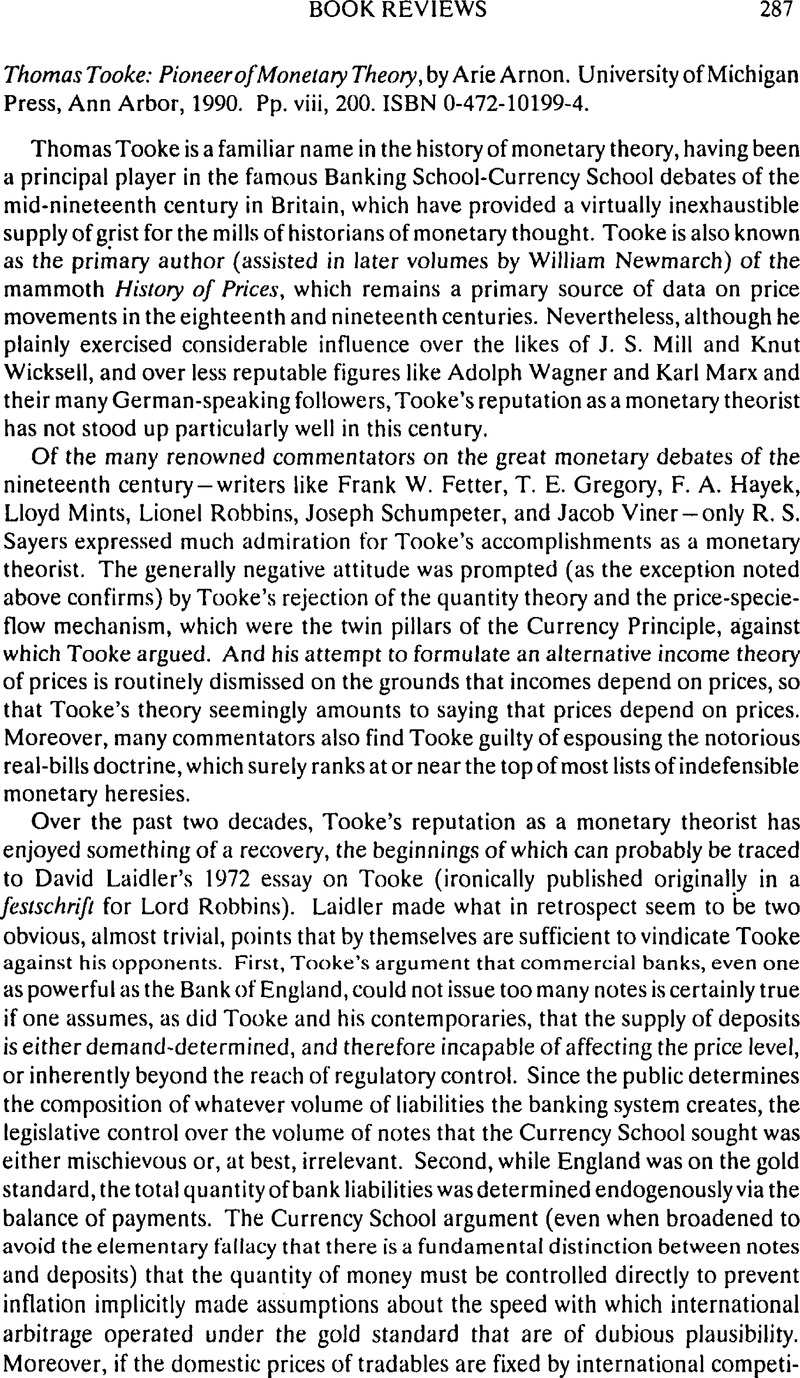 Thomas Tooke: Pioneer of Monetary Theory, by Arie Arnon. University of ...