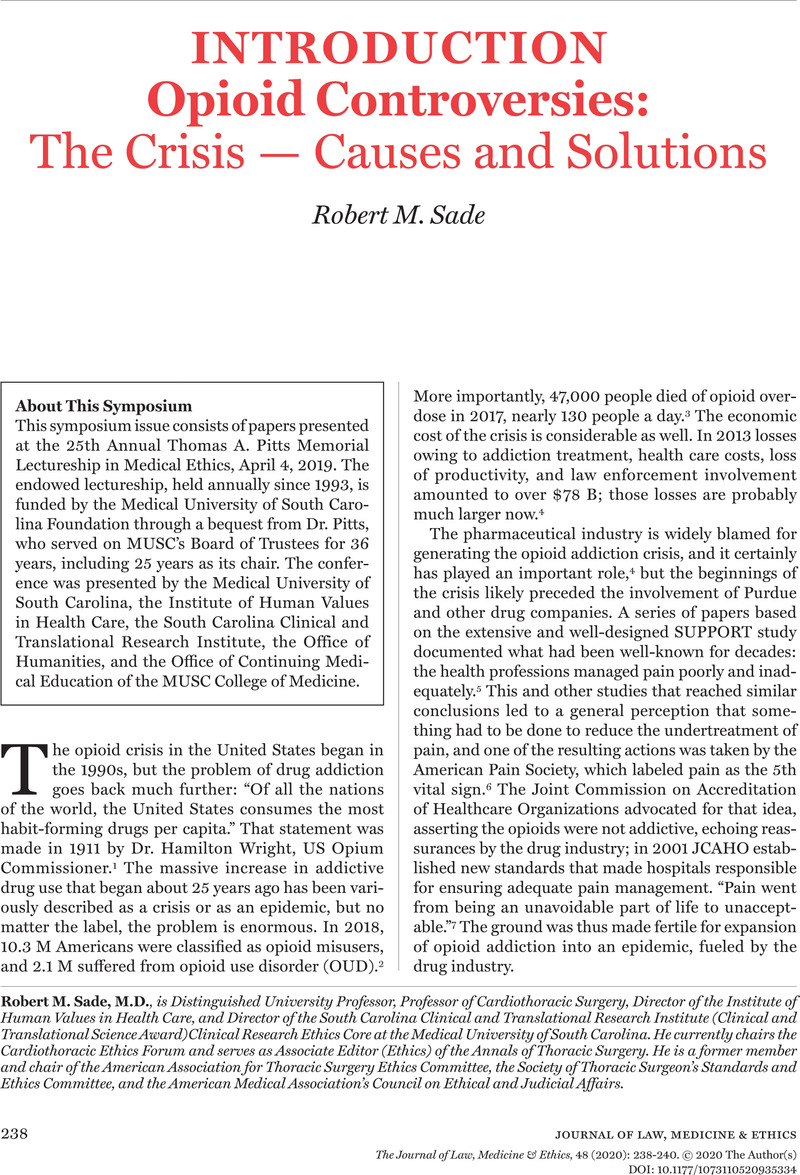 Introduction: Opioid Controversies: The Crisis — Causes and Solutions ...