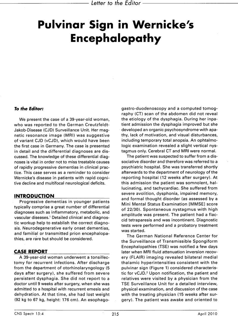 Pulvinar Sign in Wernicke's Encephalopathy | CNS Spectrums | Cambridge Core