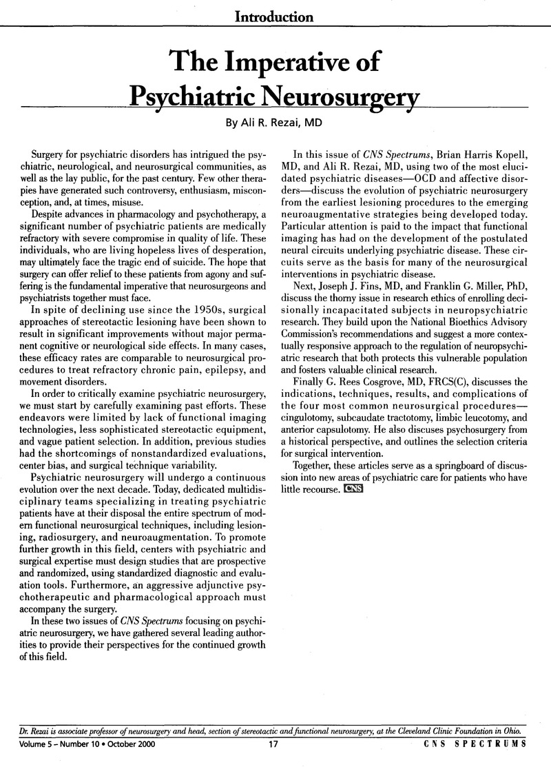 The Imperative of Psychiatric Neurosurgery | CNS Spectrums | Cambridge Core