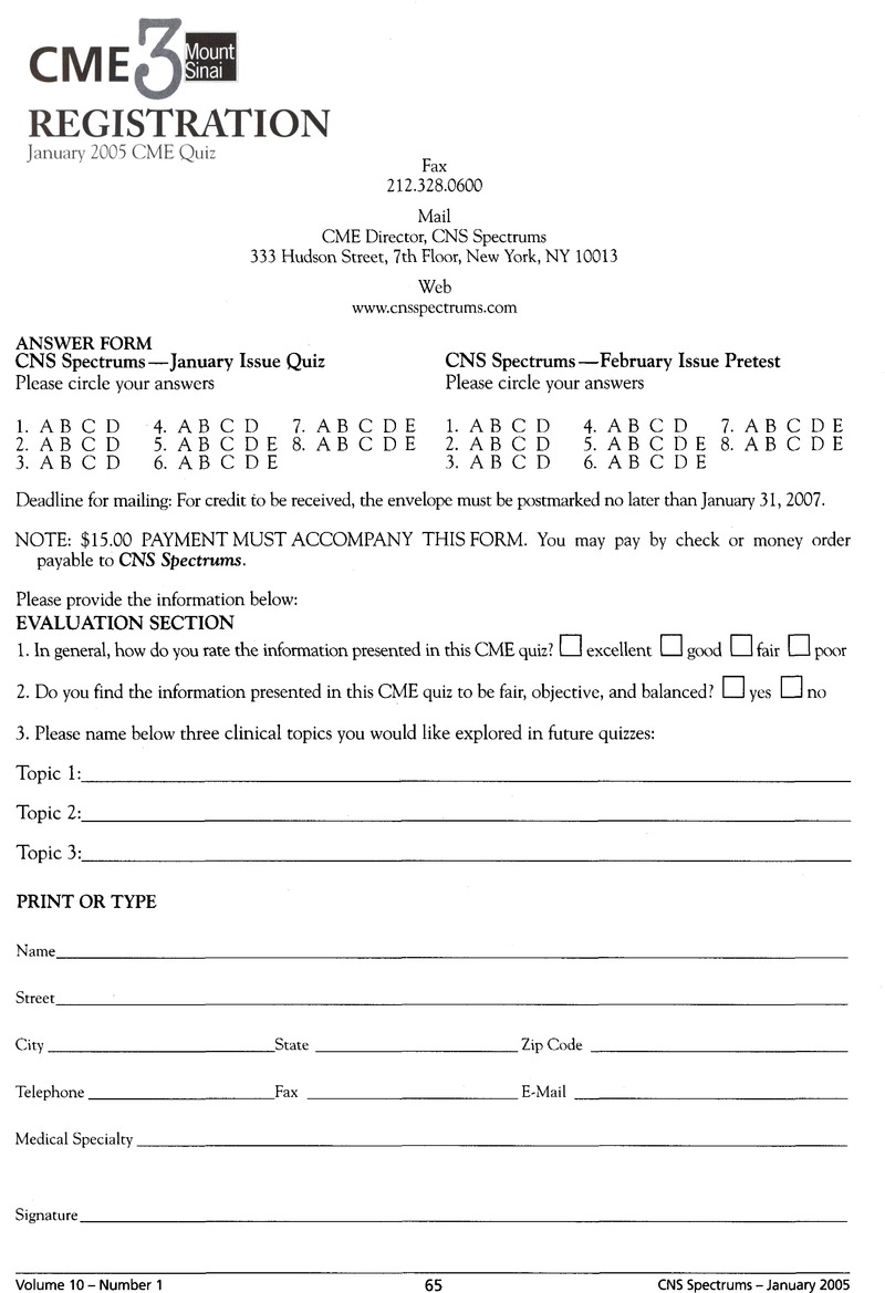 Registration January 2005 CME Quiz | CNS Spectrums | Cambridge Core