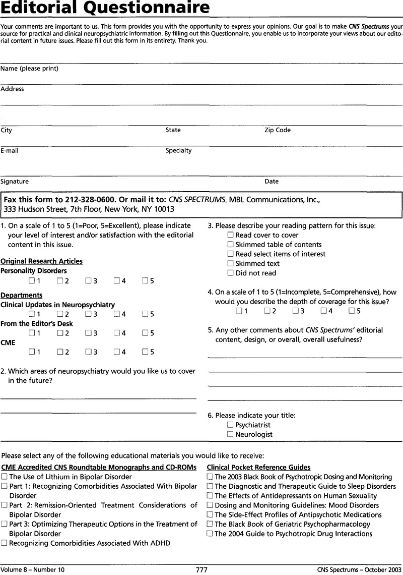 Editorial Questionnaire | CNS Spectrums | Cambridge Core