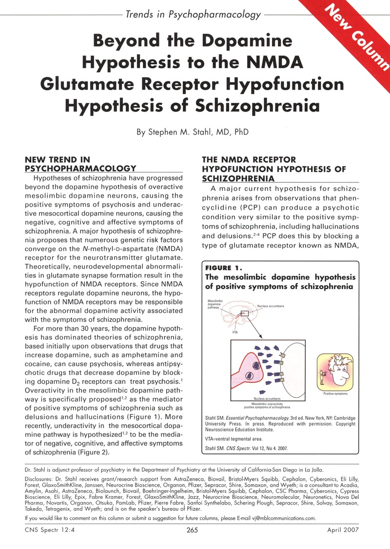 Beyond the Dopamine Hypothesis to the NMDA Glutamate Receptor ...