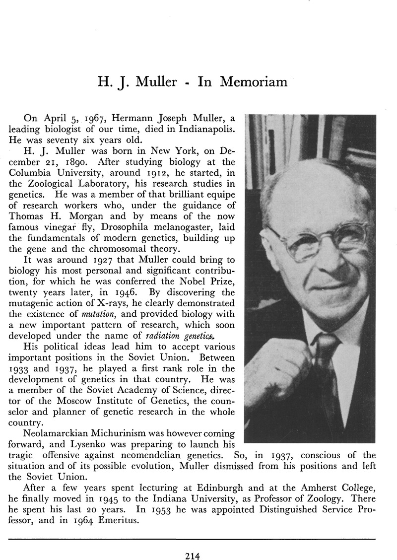 H. J. Muller: In Memoriam | Acta geneticae medicae et gemellologiae ...