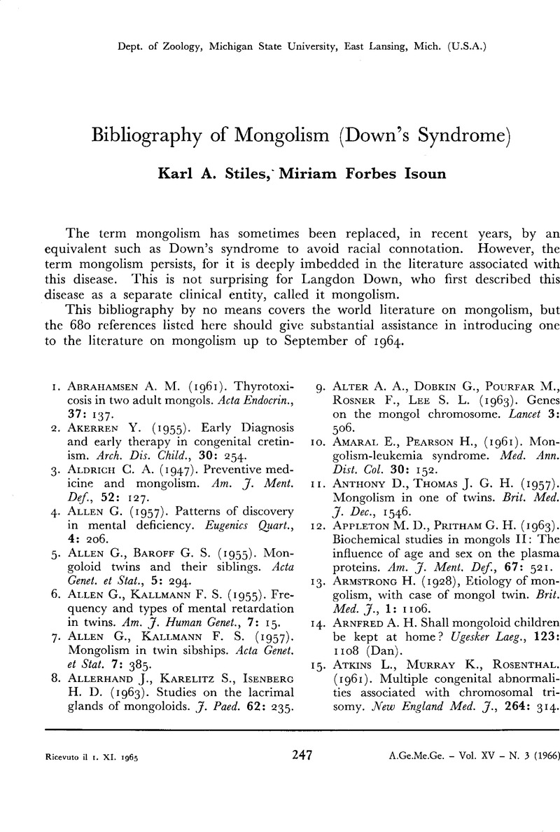 Bibliography of Mongolism (Down's Syndrome) | Acta geneticae medicae et ...