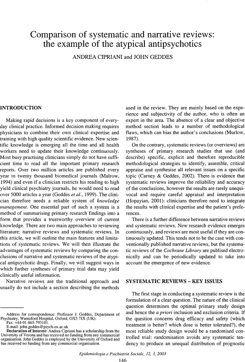 Comparison of systematic and narrative reviews: the example of the ...