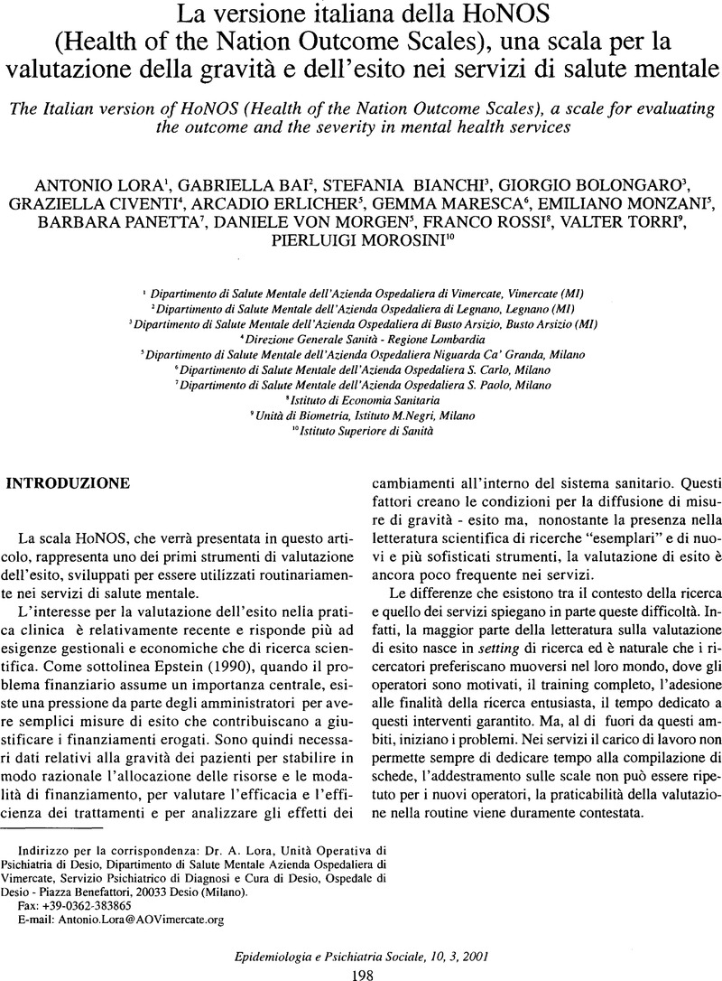 The Italian version of HoNOS (Health of the Nation Outcome Scales), a ...