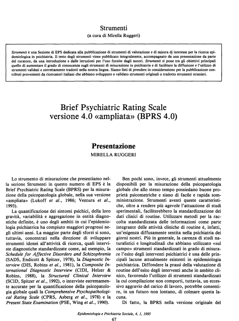 Brief Psychiatric Rating Scale, versione 4.0 «ampliata» (BPRS 4.0 ...