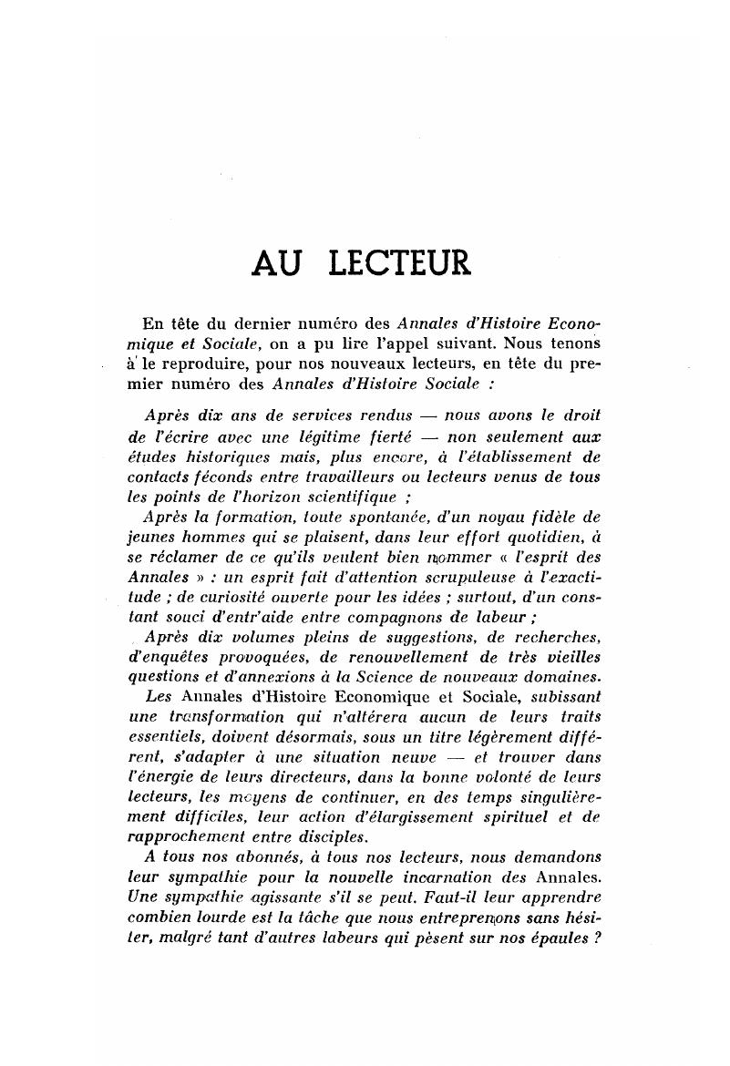 Au Lecteur | Annales d'histoire sociale (1939-1941) | Cambridge Core