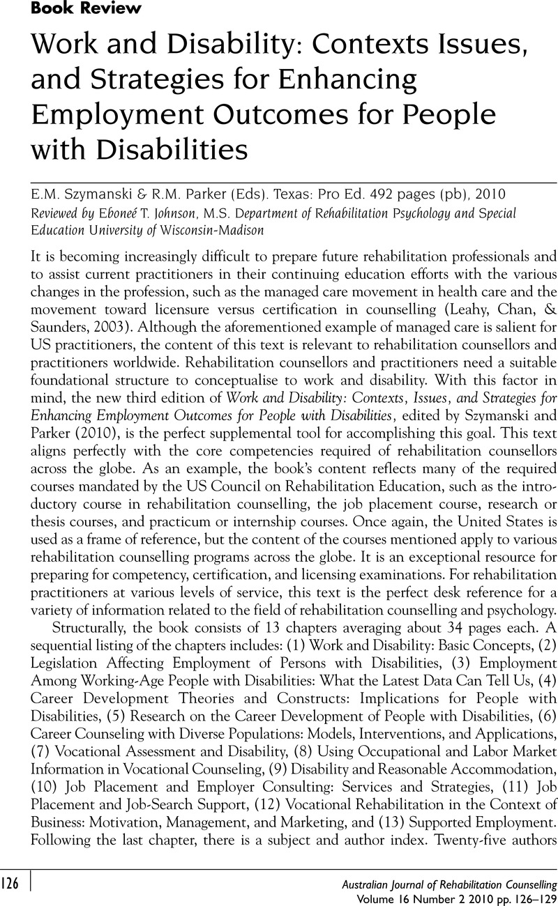 Work and Disability: Contexts Issues, and Strategies for Enhancing ...