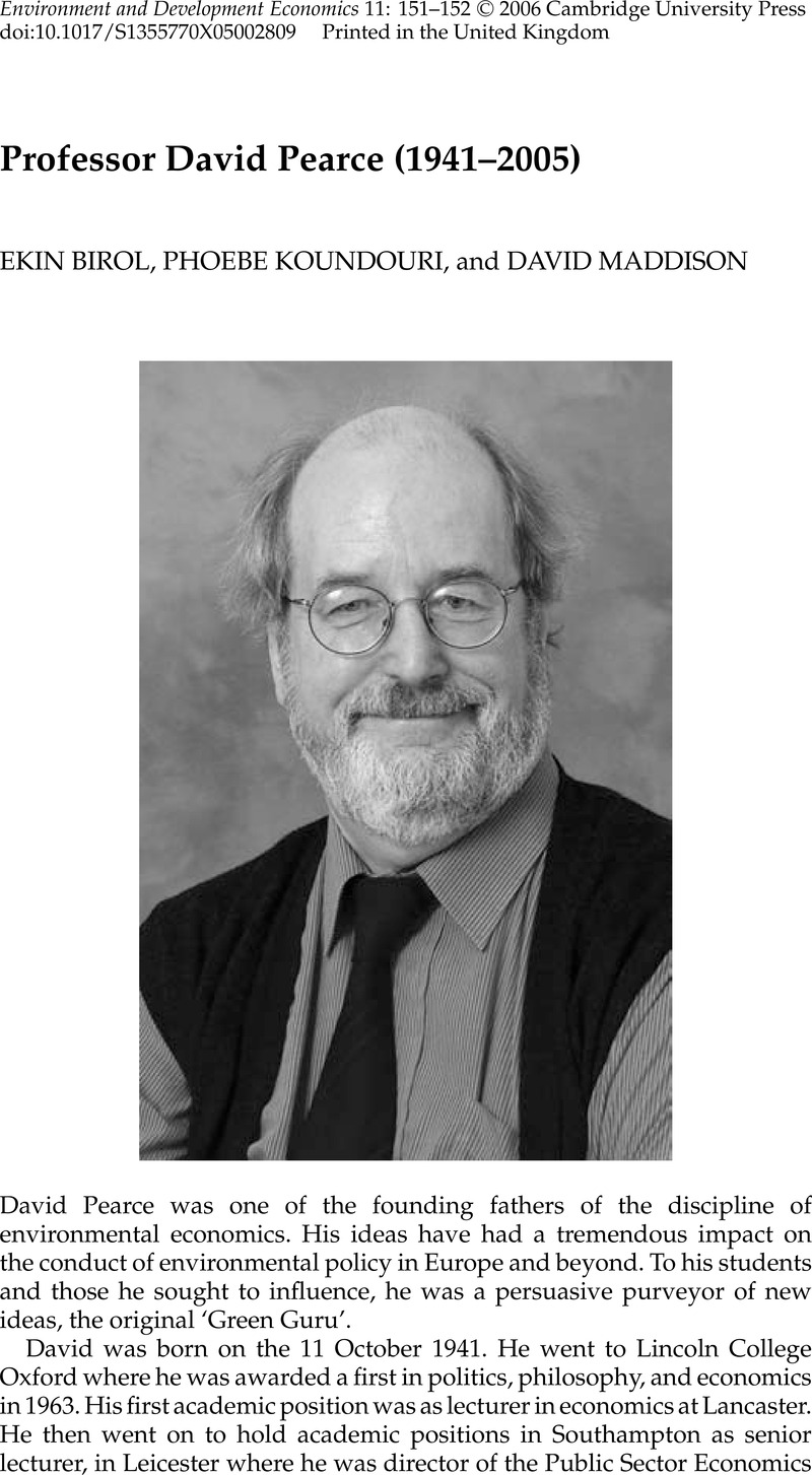 Professor David Pearce (1941–2005) | Environment and Development ...