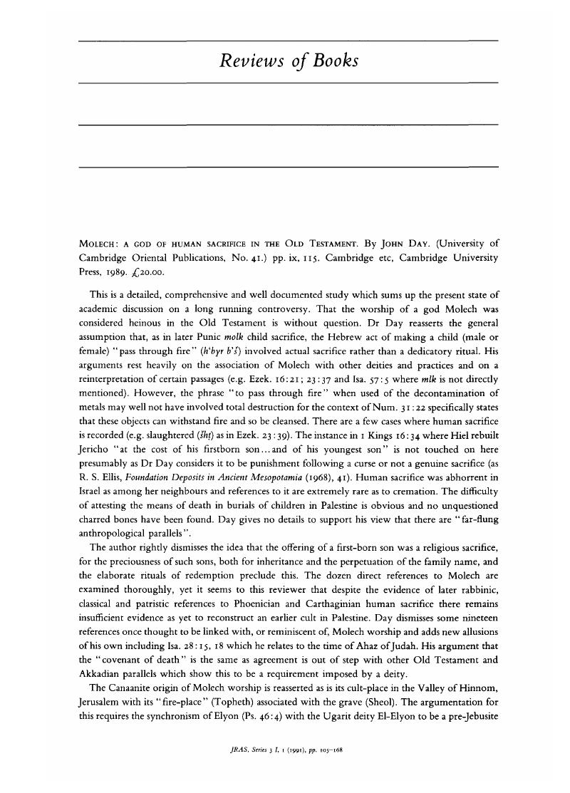 Molech: a god of human sacrifice in the Old Testament. By John Day ...