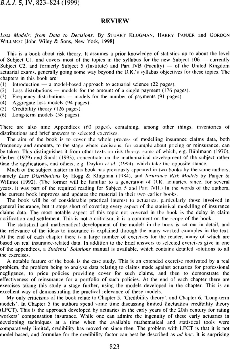 Loss Models: from Data to Decisions. By Stuart Klugman, Harry Panjer ...