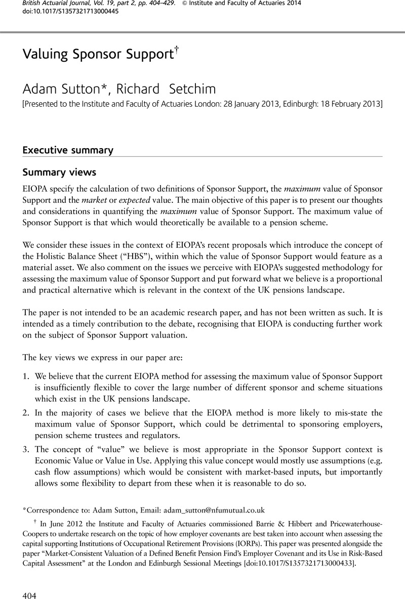 Valuing Sponsor Support† | British Actuarial Journal | Cambridge Core