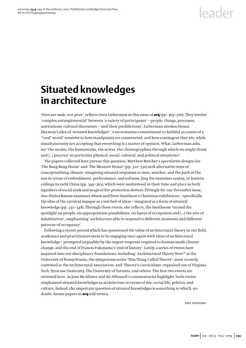 Situated knowledges in architecture | arq: Architectural Research ...