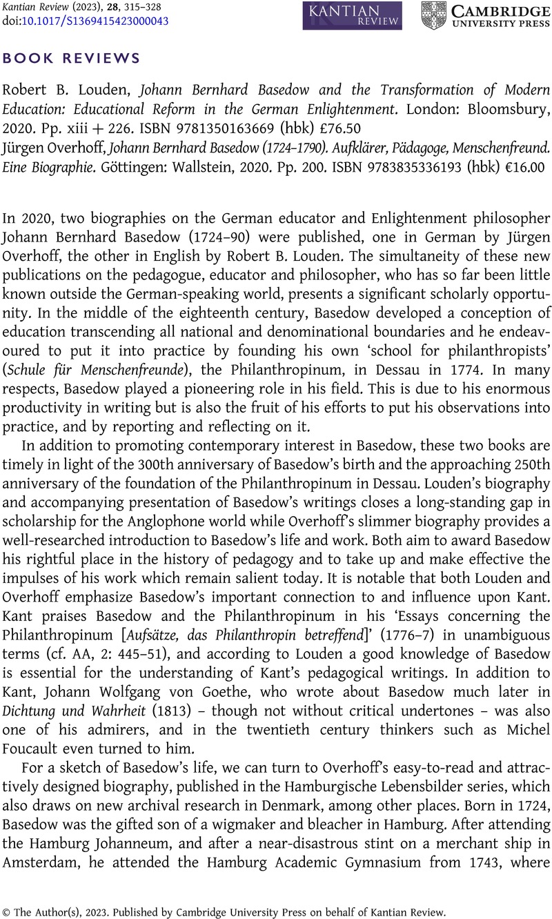Robert B. Louden, Johann Bernhard Basedow and the Transformation of ...