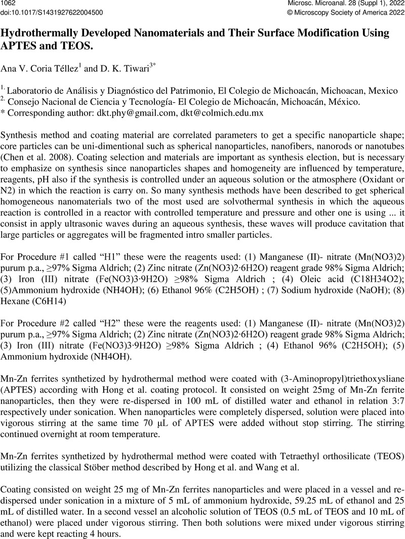 Hydrothermally Developed Nanomaterials and Their Surface Modification ...