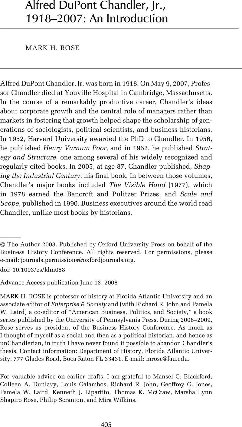 Alfred DuPont Chandler, Jr., 1918–2007: An Introduction | Enterprise ...