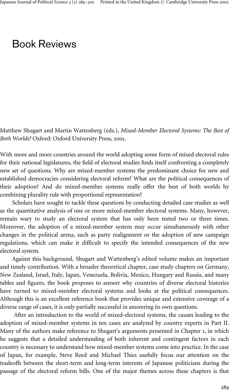 Matthew Shugart and Martin Wattenberg (eds.), Mixed-Member Electoral ...