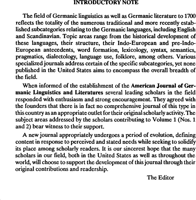 Introductory Note | Journal of Germanic Linguistics | Cambridge Core