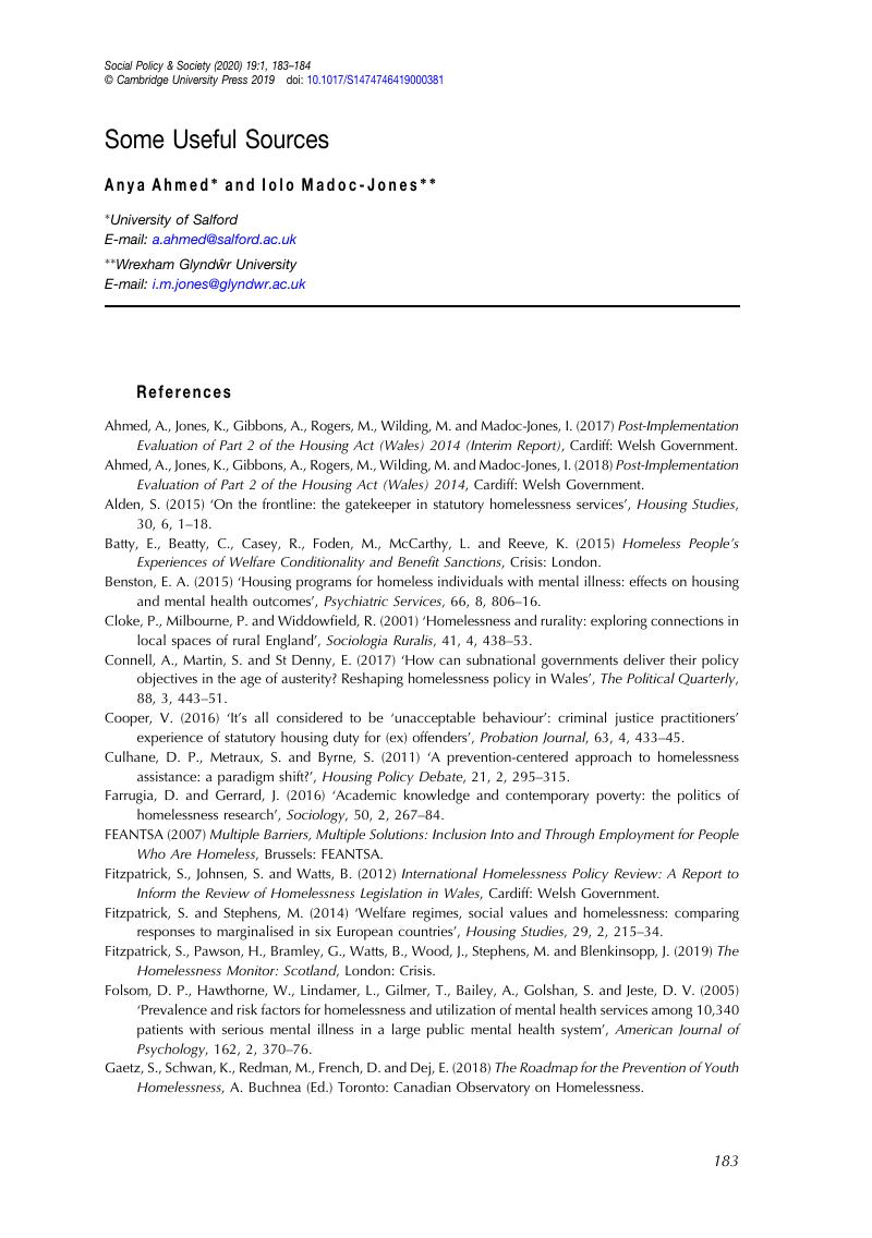 Some Useful Sources | Social Policy and Society | Cambridge Core