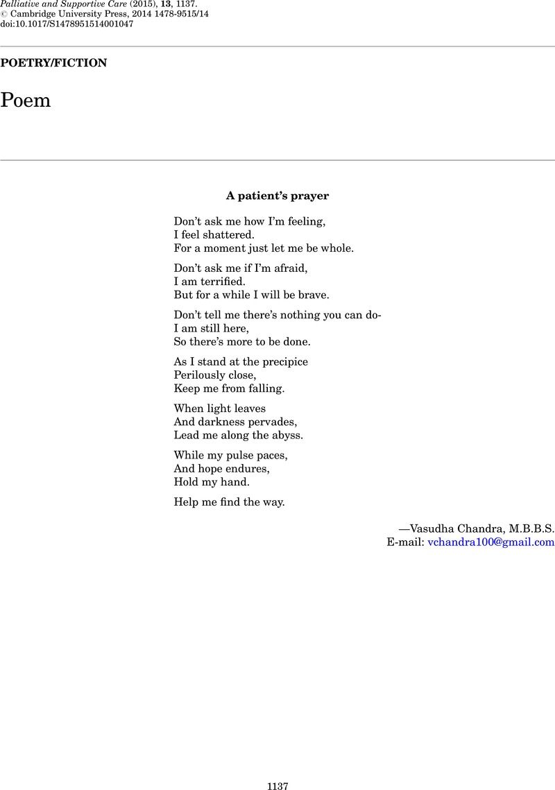 A patient's prayer | Palliative & Supportive Care | Cambridge Core
