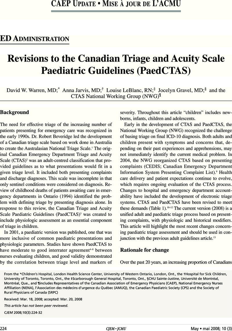 Revisions to the Canadian Triage and Acuity Scale Paediatric Guidelines ...