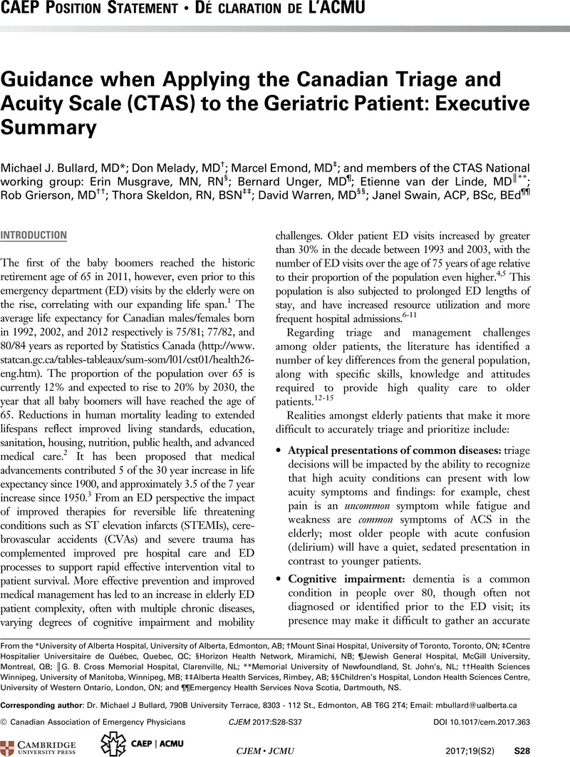 Guidance when Applying the Canadian Triage and Acuity Scale (CTAS) to ...