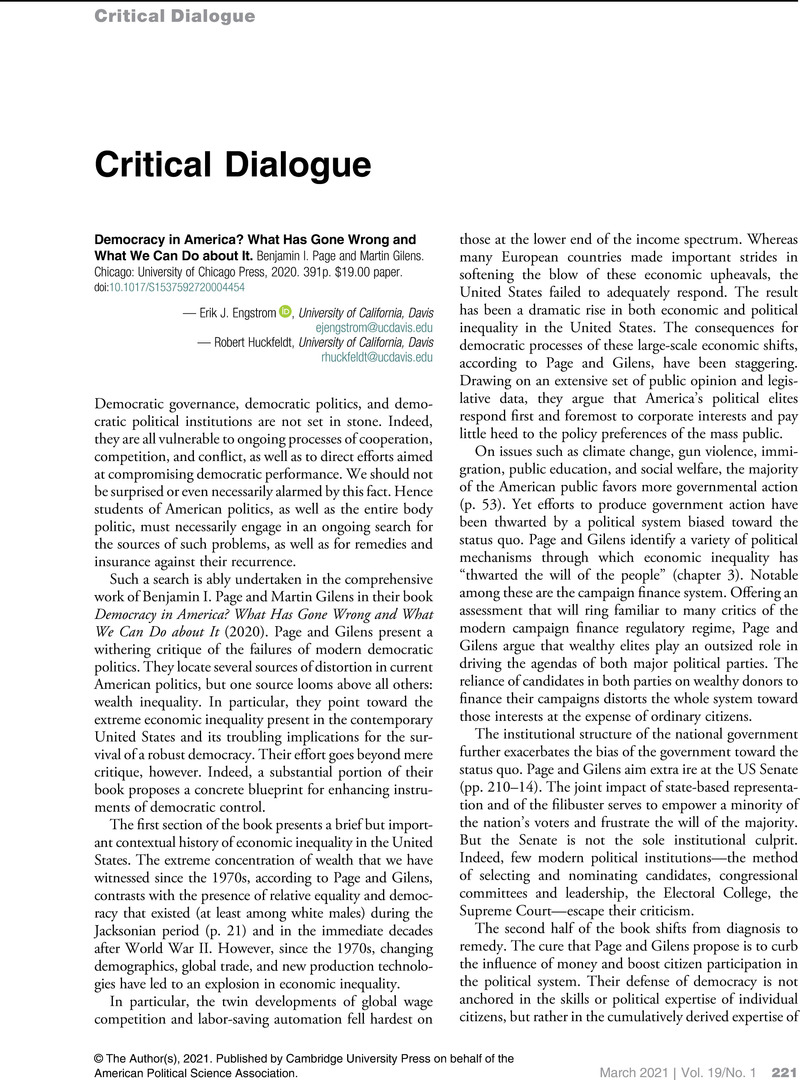 Response to Benjamin I. Page and Martin Gilens’s Review of Race, Class ...