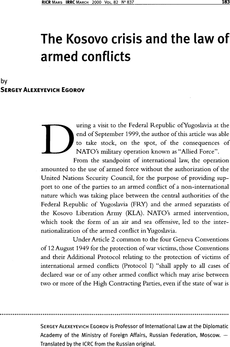 The Kosovo crisis and the law of armed conflicts | International Review of the Red Cross ...