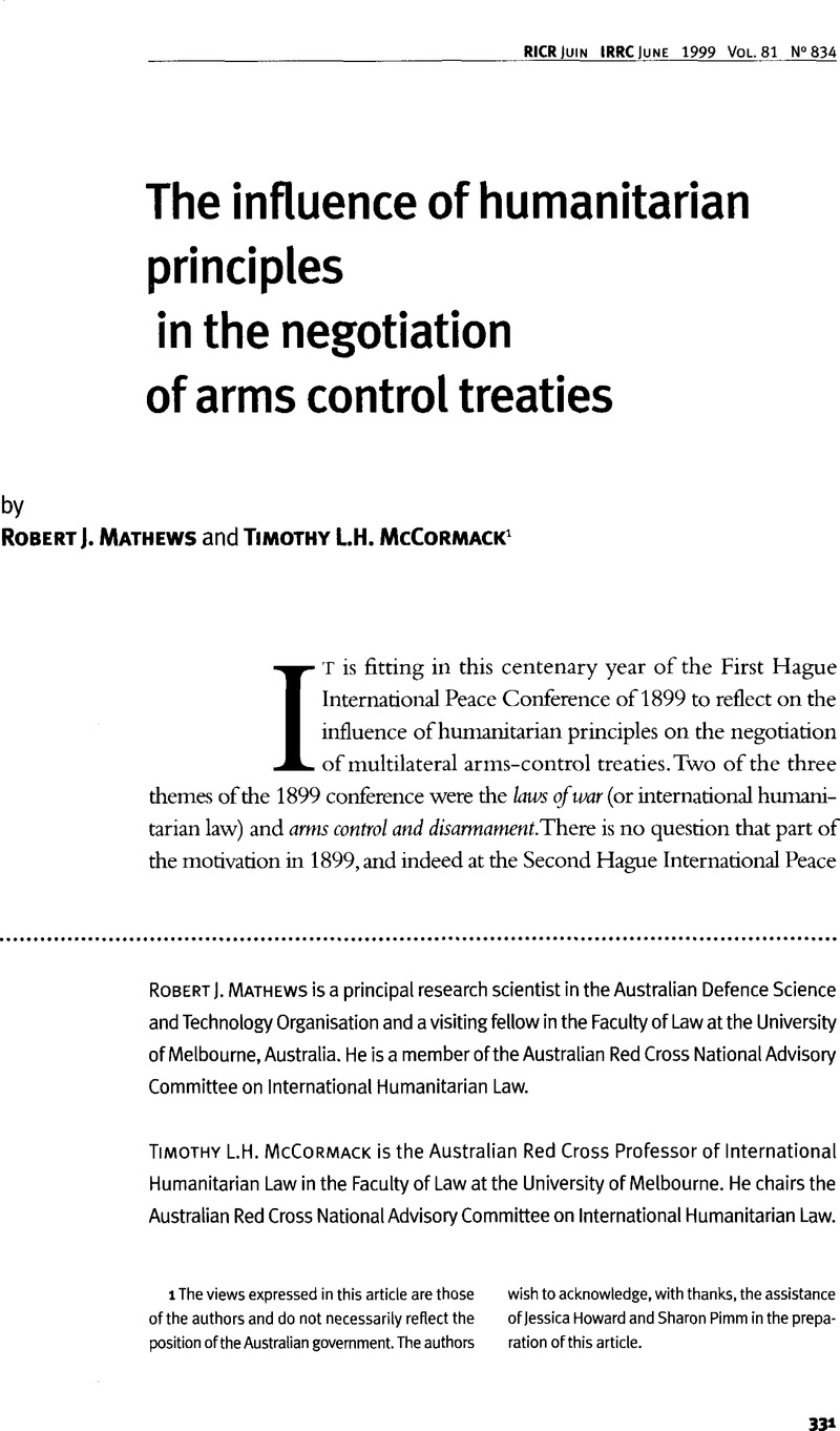 The influence of humanitarian principles in the negotiation of arms ...