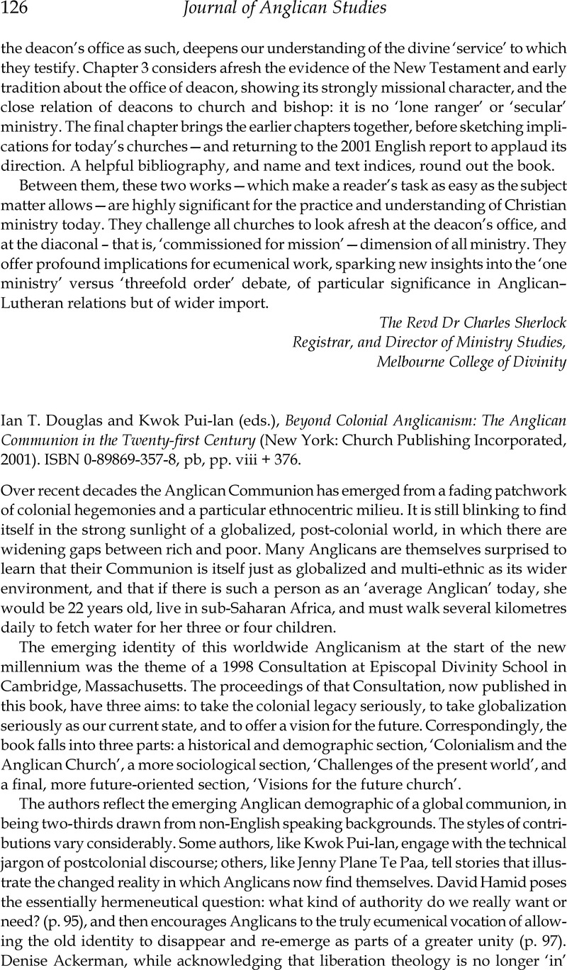 Ian T. Douglas and Kwok Pui-lan (eds.), Beyond Colonial Anglicanism ...