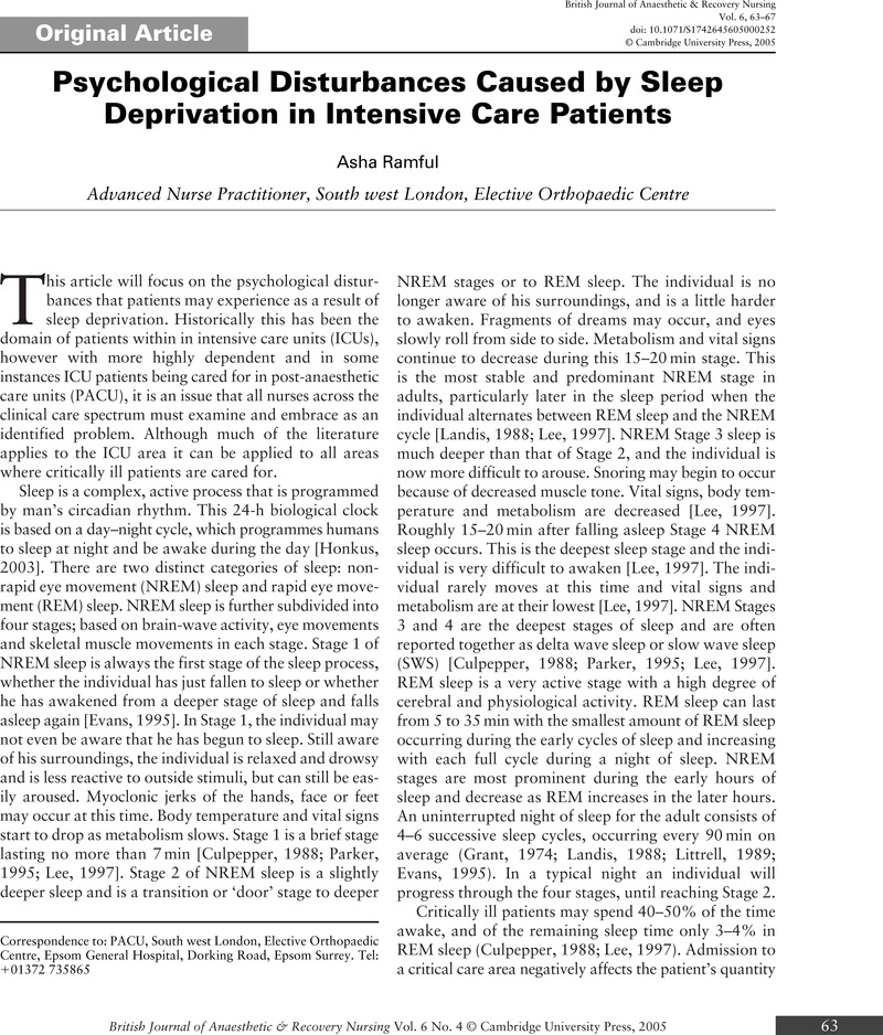 Psychological Disturbances Caused by Sleep Deprivation in Intensive ...