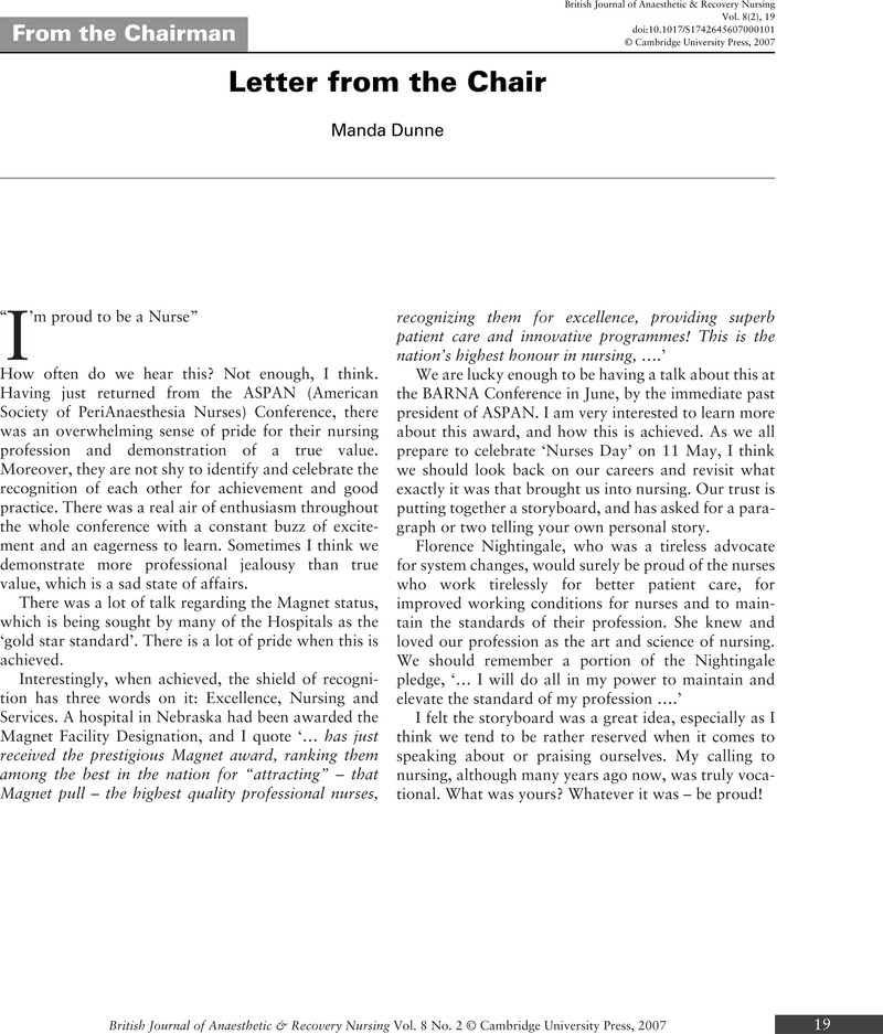 Letter from the Chair | British Journal of Anaesthetic & Recovery ...