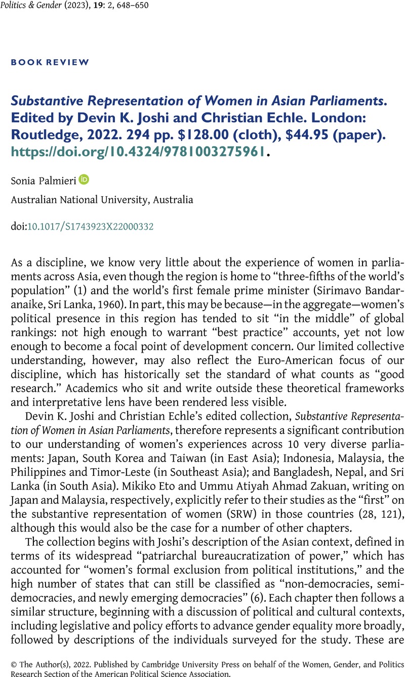 Substantive Representation of Women in Asian Parliaments. Edited by ...