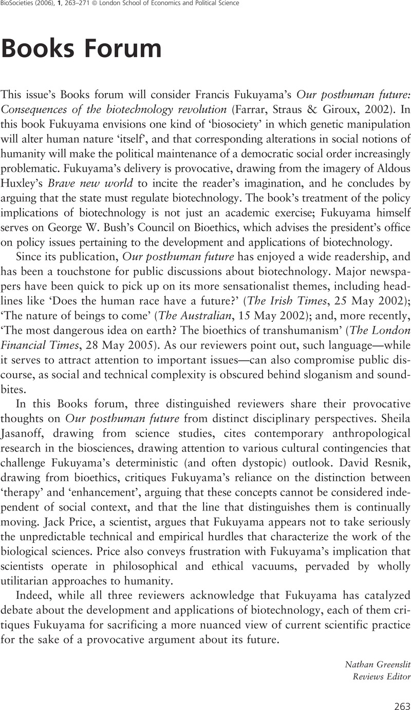 Review of Francis Fukuyama’s Our posthuman future | BioSocieties | Cambridge Core