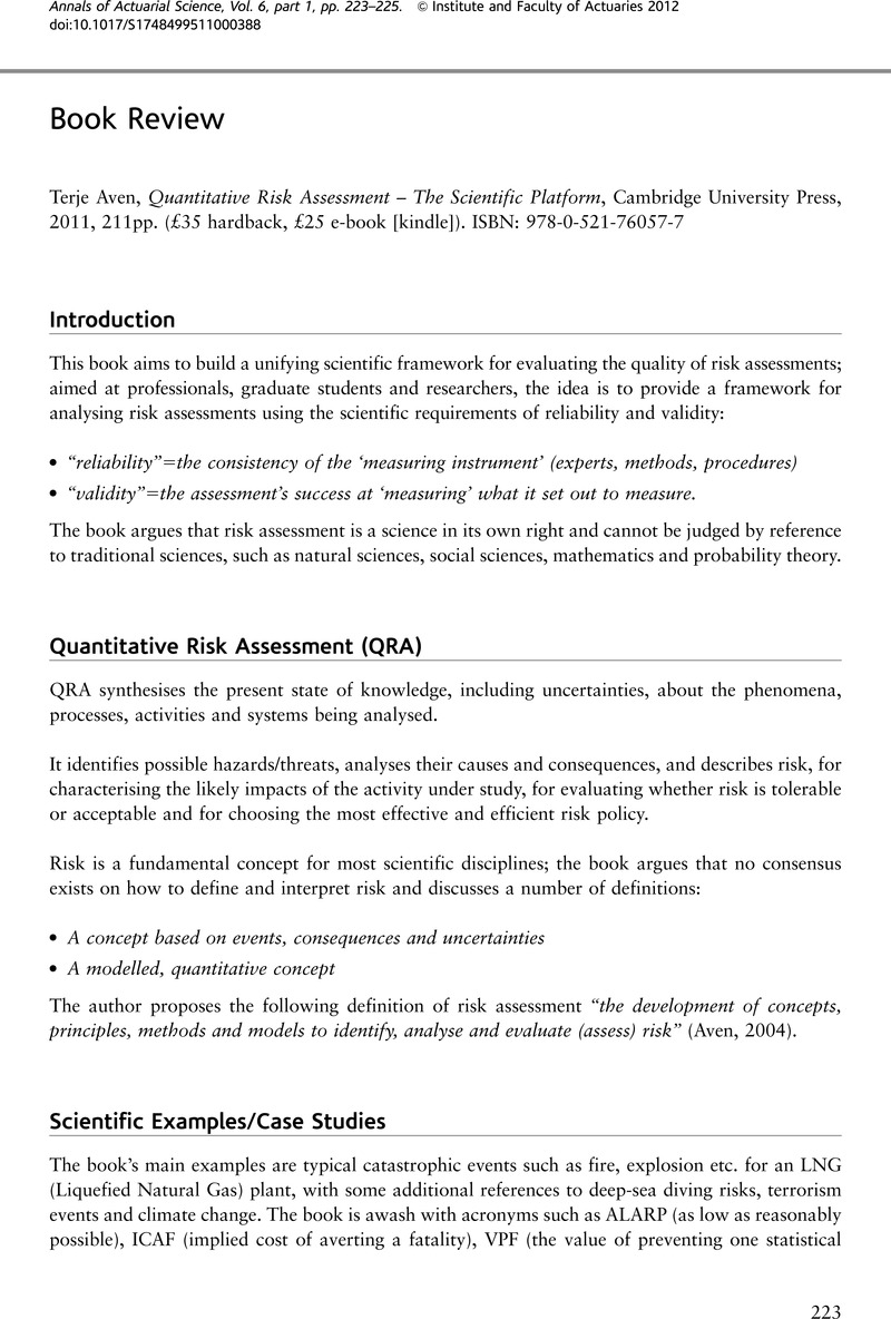 Terje Aven, Quantitative Risk Assessment – The Scientific Platform ...