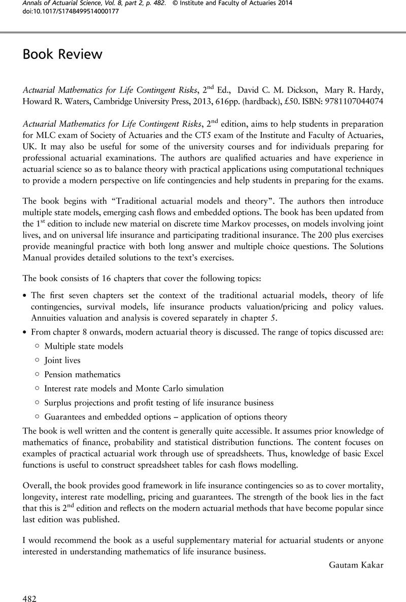 Actuarial Mathematics for Life Contingent Risks, 2nd Ed., David C. M ...