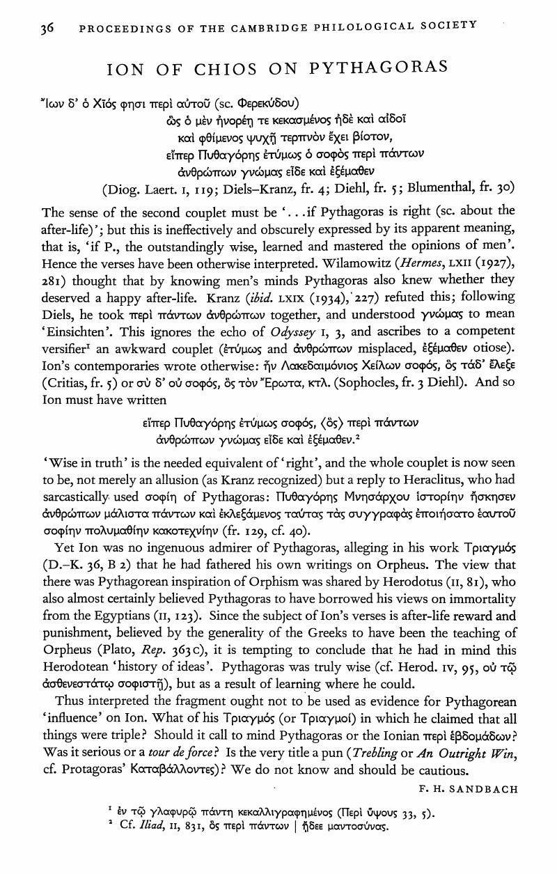Ion of Chios on Pythagoras | The Cambridge Classical Journal ...