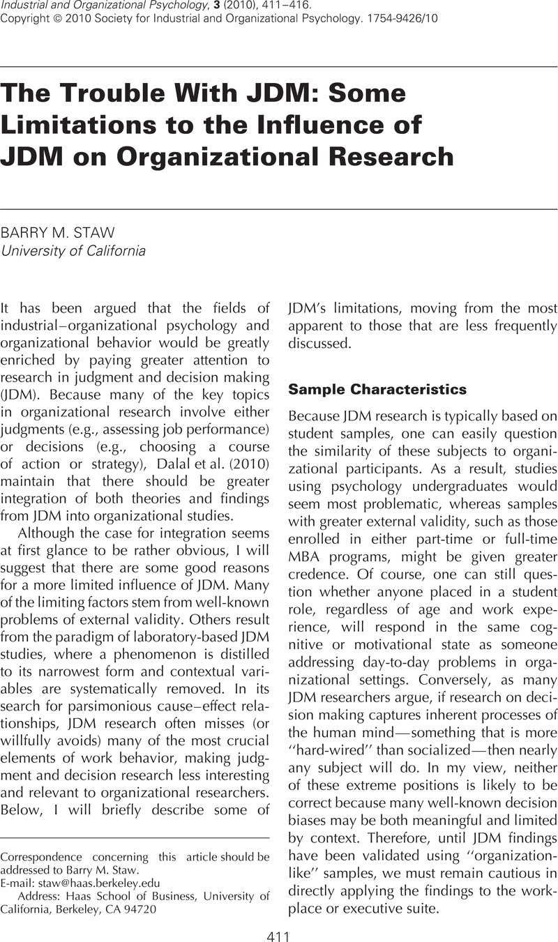 The Trouble With JDM: Some Limitations to the Influence of JDM on ...