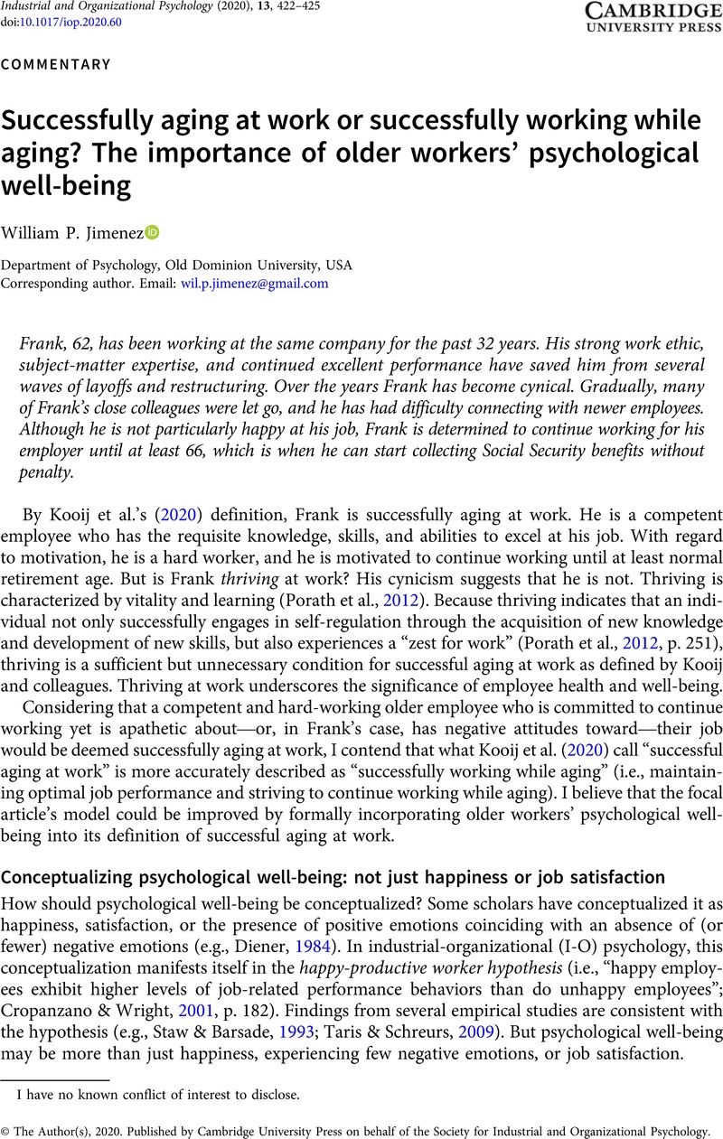 Successfully aging at work or successfully working while aging? The ...