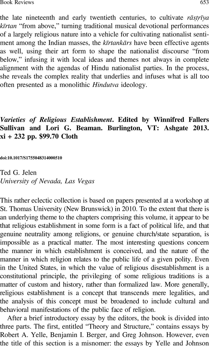 Varieties of Religious Establishment. Edited by Winnifred Fallers ...