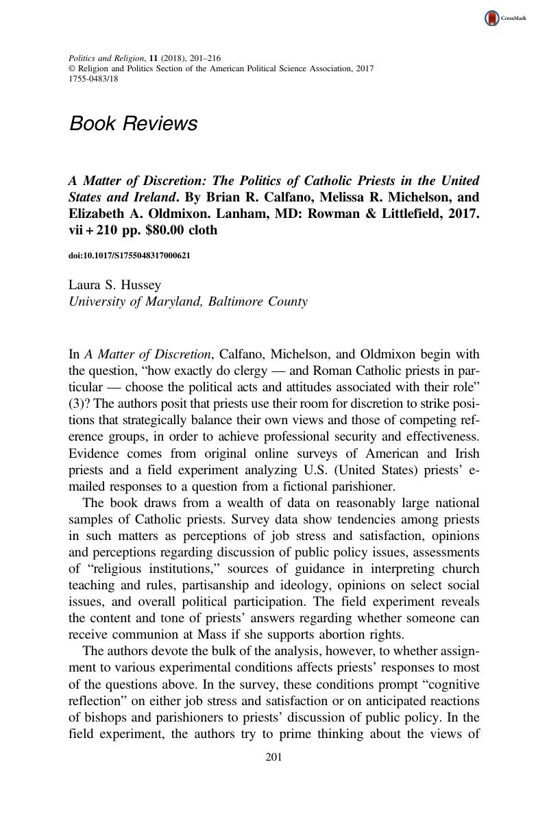 A Matter of Discretion: The Politics of Catholic Priests in the United ...