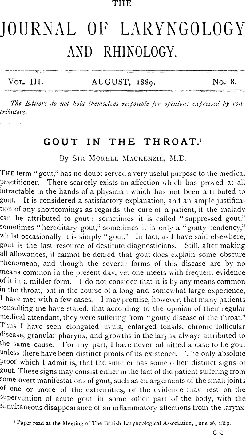 Gout in the Throat1 | The Journal of Laryngology & Otology | Cambridge Core