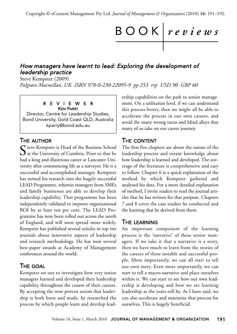 How managers have learnt to lead: Exploring the development of ...